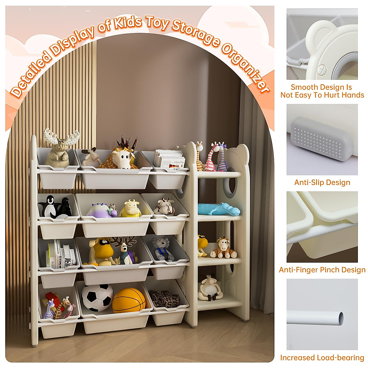 LulliSpace Kids Toy Storage Organizer with 12 Removable Plastic Bins, Modern Toy Organizer Kids Book Rack Storage Bookshelf,Kids and Toddler Toy Storage for Playroom,Daycare and Nursery,4 Tiers