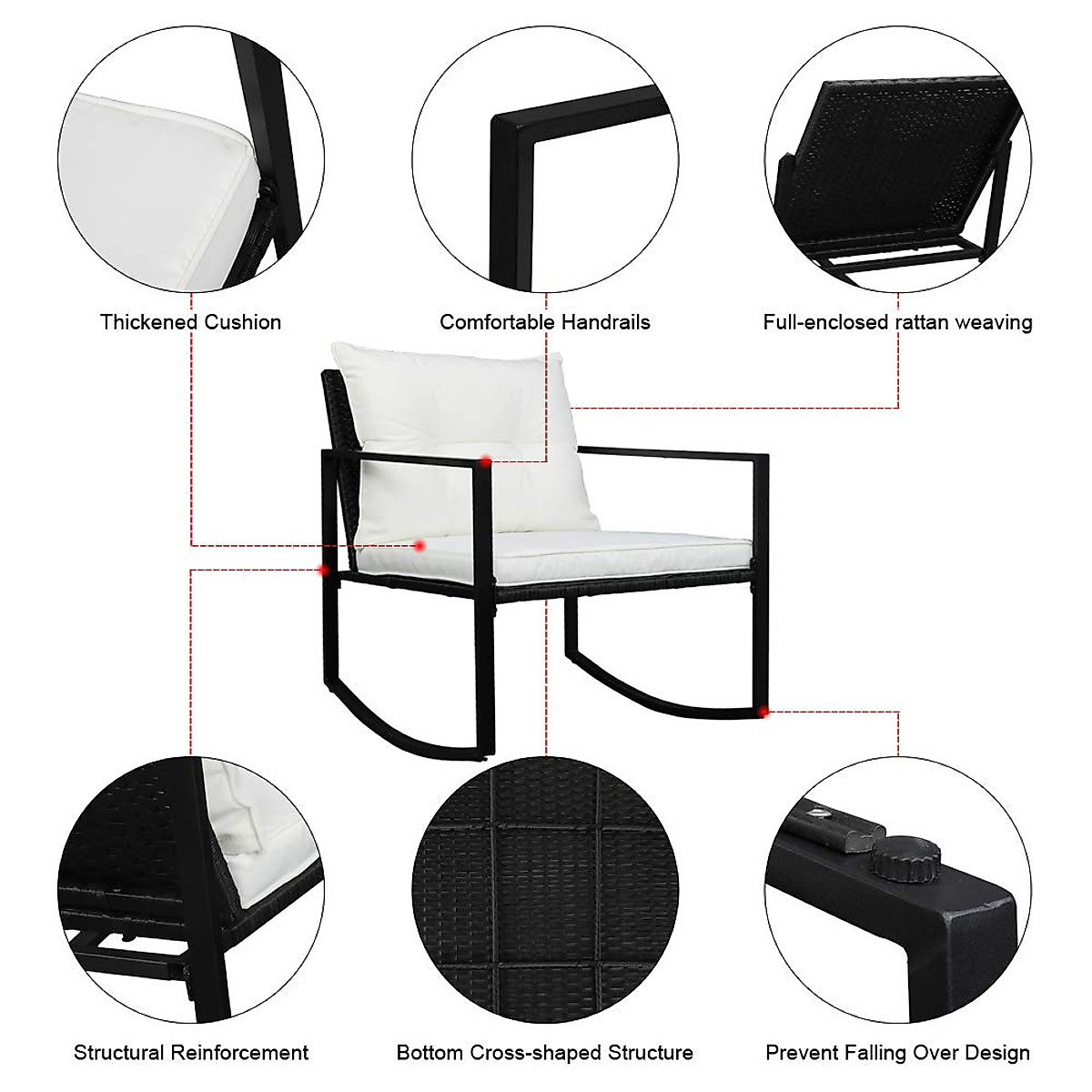 CIPACHO 3 Piece Wicker Patio Furniture Set, Patio Bistro Set with Glass Table & Cushions, Outdoor Rocking Chairs, Rattan Conversation Set for Backyard Porch Poolside Lawn, Black