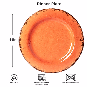 LEHAHA Rustic Farmhouse Melamine Dinner Plates Set of 6, 11 inch Lightweight Camper RV Dishes, Indoor and Outdoor Use, Reusable, Sturdy and Dishwasher Safe, Orange