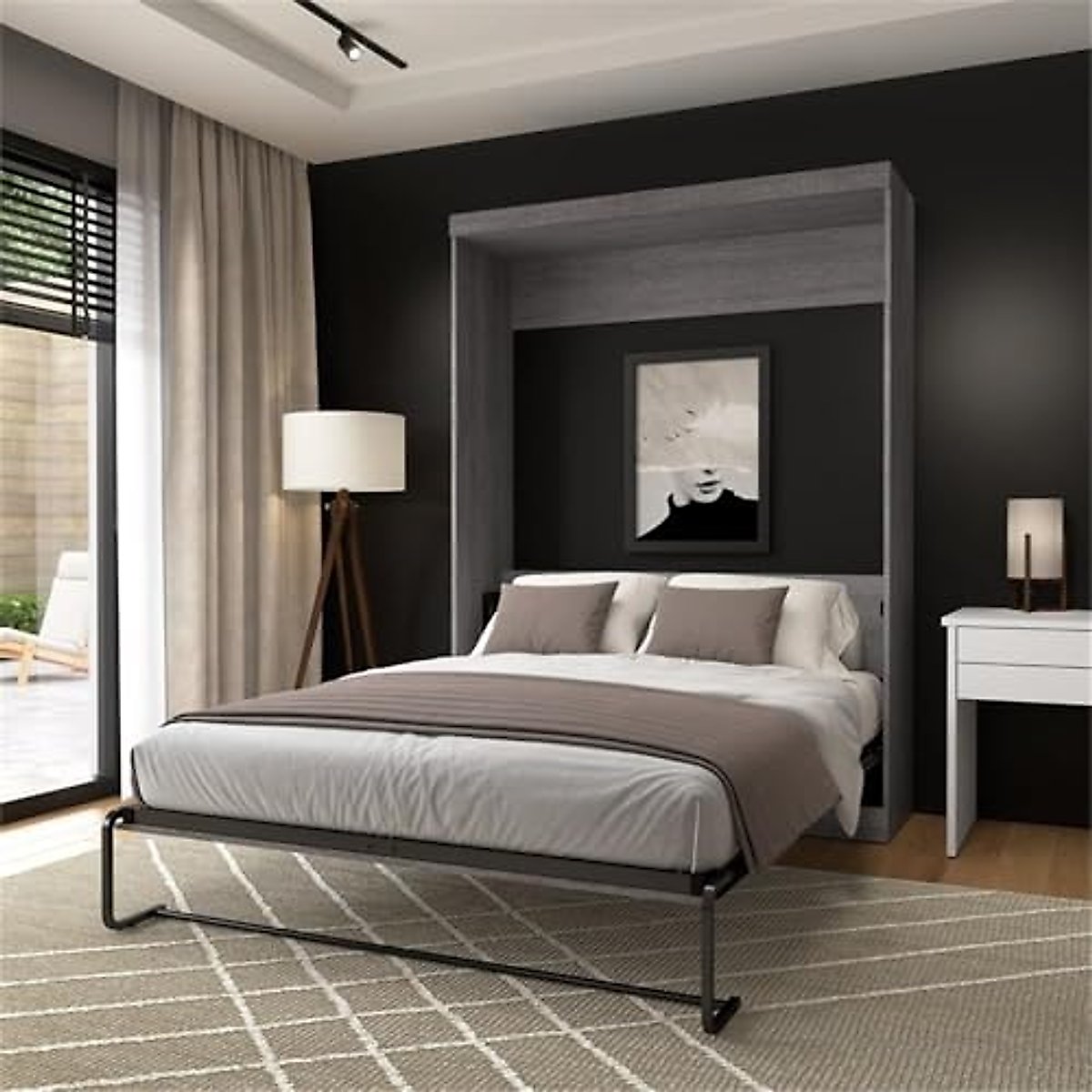 Pemberly Row Queen Size Wall Bed with Wooden Slats in Engineered Wood, in Gray, No Box Spring Needed, Easy Assembly