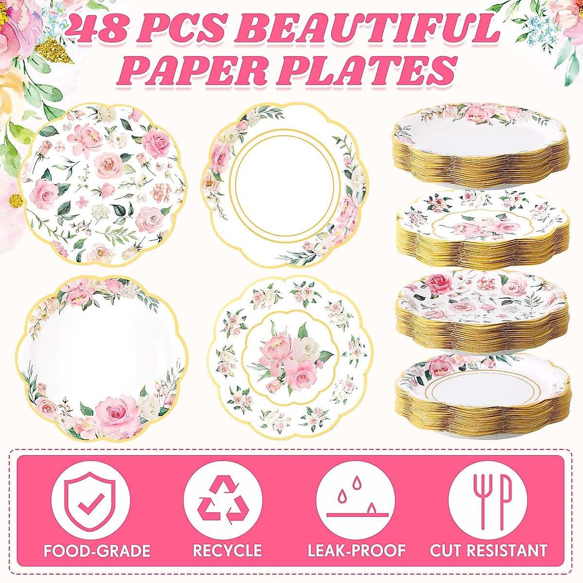 48 Pcs Floral Paper Plates 9 Inch Flower Disposable Party Plates Pink Floral Dinner Plates Wedding Gold Foil Edge Plate Tea Party Decoration for Bridal Shower Baby Shower Birthday
