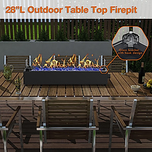 BAIDE HOME 28-inch Table Top Propane Fire Pit, 40,000 BTU Tabletop Firepit for Patio, Outdoor Portable Fireplace Rectangular Fire Bowl w/Wind Glass Shield, Glass Rocks - Black