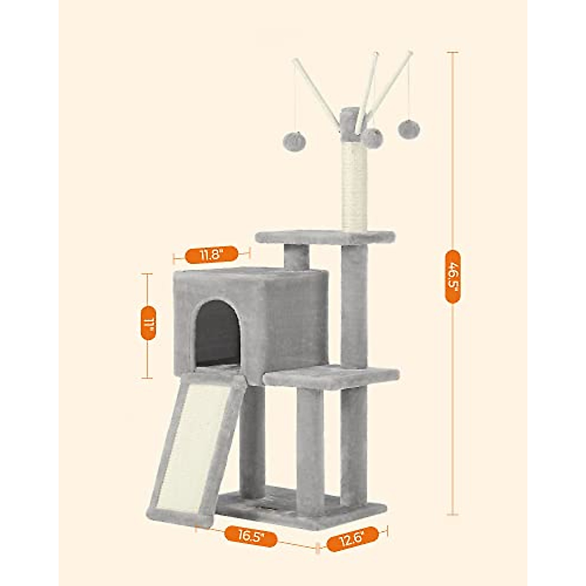 Feandrea Cat Tree, Small Cat Tower for Indoor Cats, Kittens, Multi-Level Plush Cat Condo, 16.5 x 12.6 x 46.5 Inches, Scratching Post, Ramp, 3 Removable Pompom Sticks, Cat Cave, Light Gray UPCT143W01
