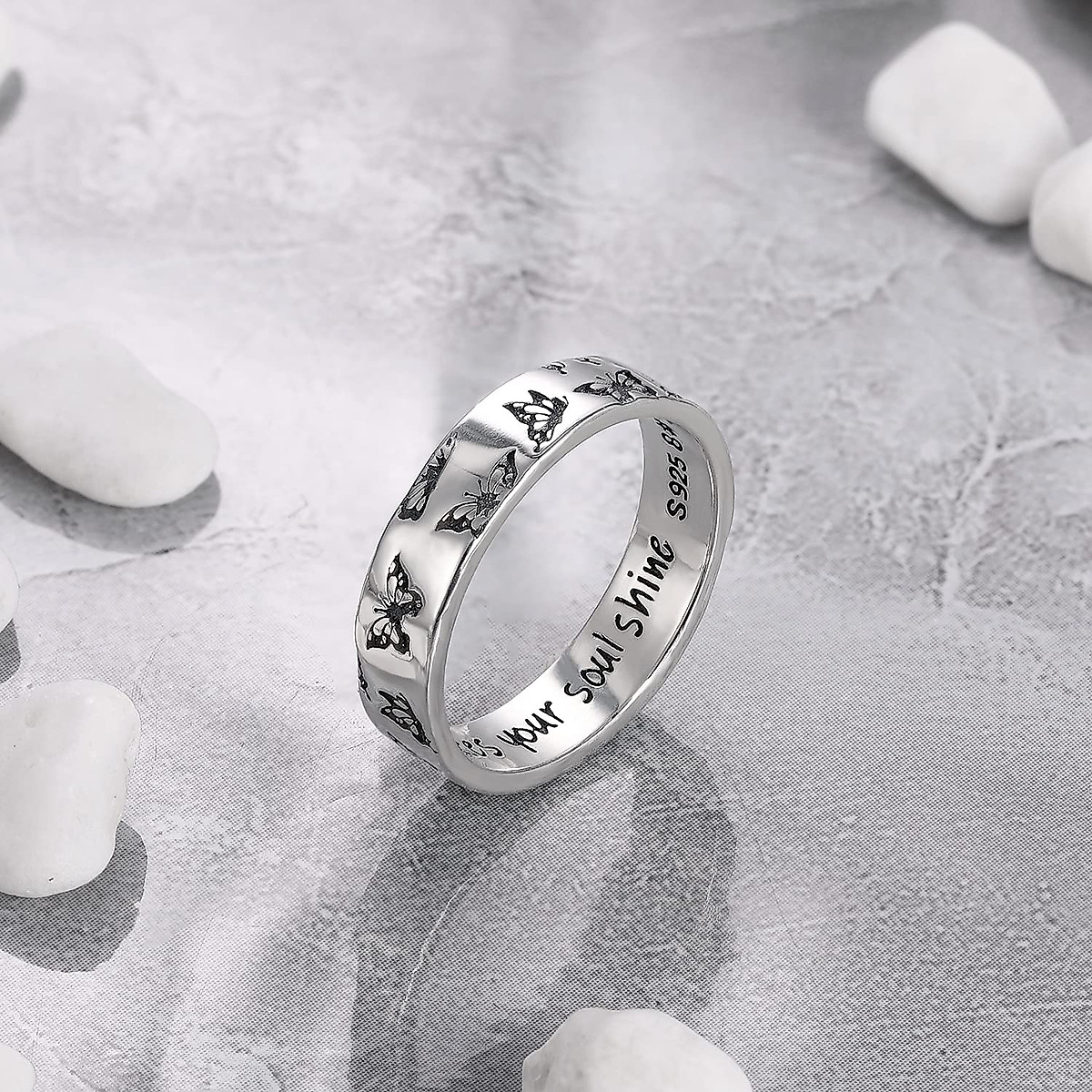 LOVECOM Butterfly Rings, 925 Sterling Silver Various Flying Butterflies Rings for Women Bohemian Delicate Do What Makes Your Soul Shine Letters Ring Cute Insect Wedding Bands Jewelry Gifts for Her