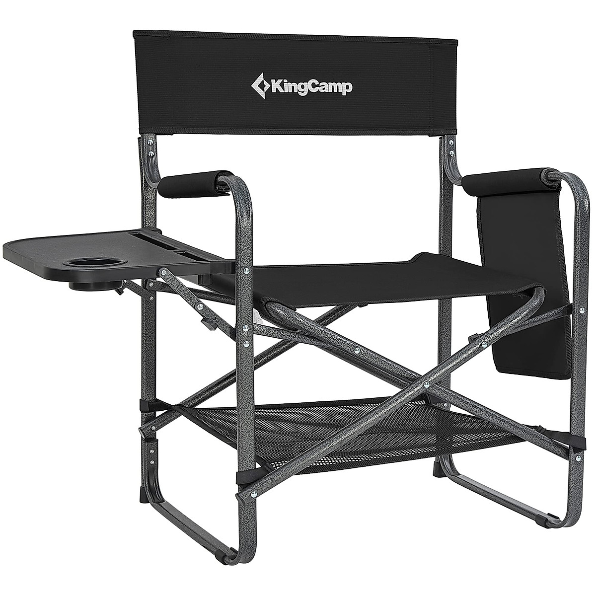 KingCamp Premium Extra Heavy Duty Wide Camping Directors Chairs Supports 300lbs for Adults, Padded Folding Portable Camping Chair with Side Table Storage Pockets Carry Straps, Black