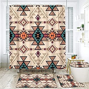 4 Pcs Shower Curtain Sets with Rugs Pink Retro Color Tribal Navajo Aztec Fancy Geometric Ethnic Hipster Weave Summer Durable Shower Curtain Sets with 12 Hooks Shower Curtain for Bathroom Set