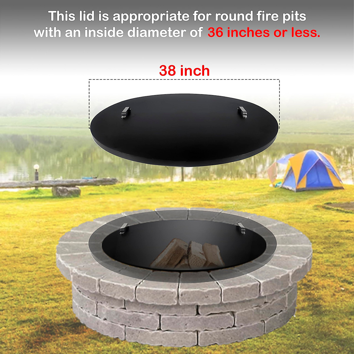 Fire Pit Cover Round, Snuffer Lid Ring Finish 38” inch Diameter, Drop-in Burner Fire Pit Pan Lid- 1.5 mm Thickness, Grill Fire Ring Lid with Handle