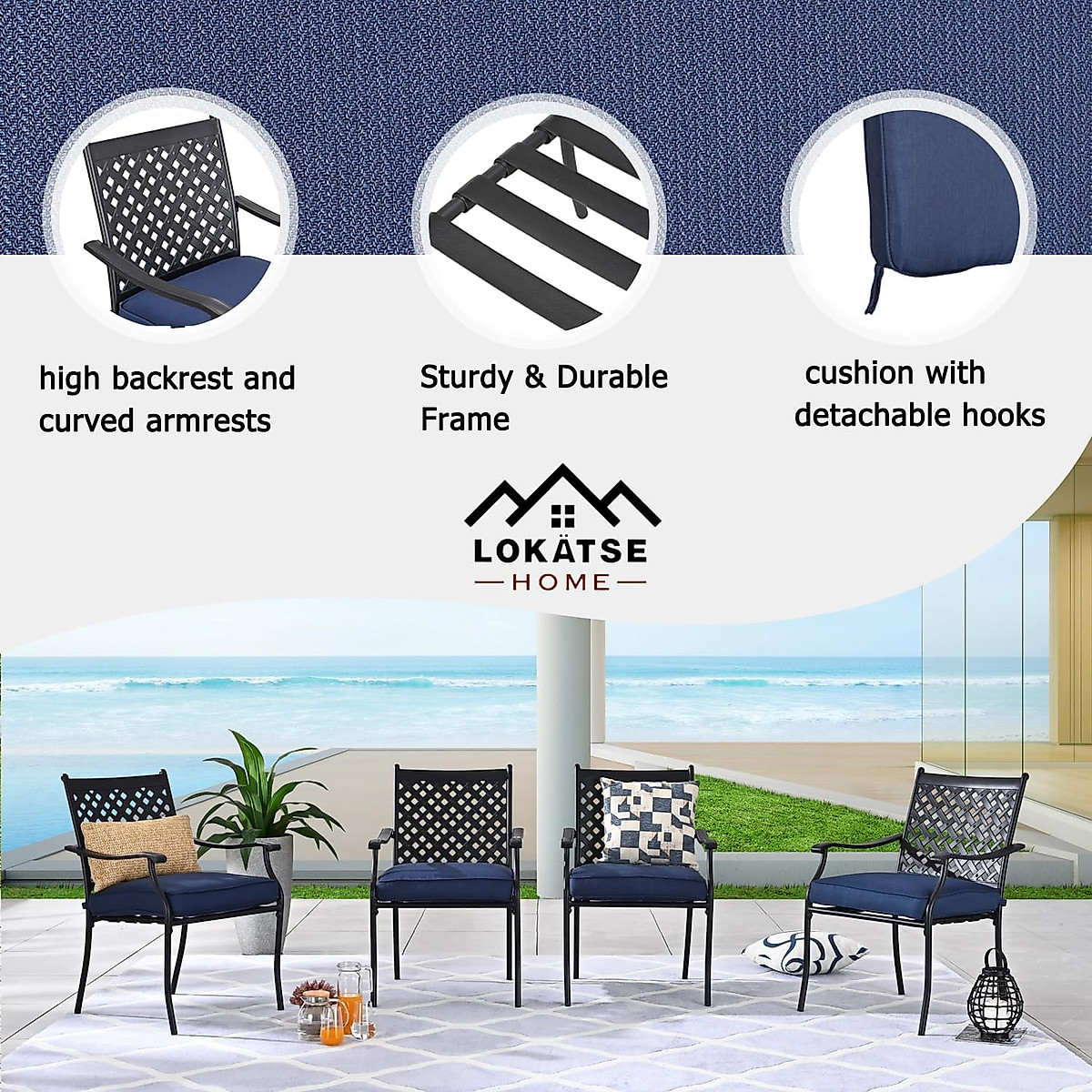 LOKATSE HOME 8 Piece Outdoor Patio Dining Chair Set Metal Furniture with Arms and Seat Cushions, Blue