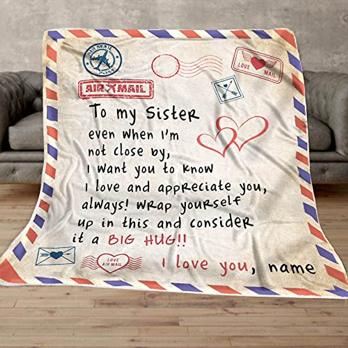 Personalized Air Mail Letter to My Sister Throw Blanket, Gift to My Big Sister from Little Brother,Customized Name,Gift to My Sister Blanket from Brother,Custom Blanket for Birthday, Christmas