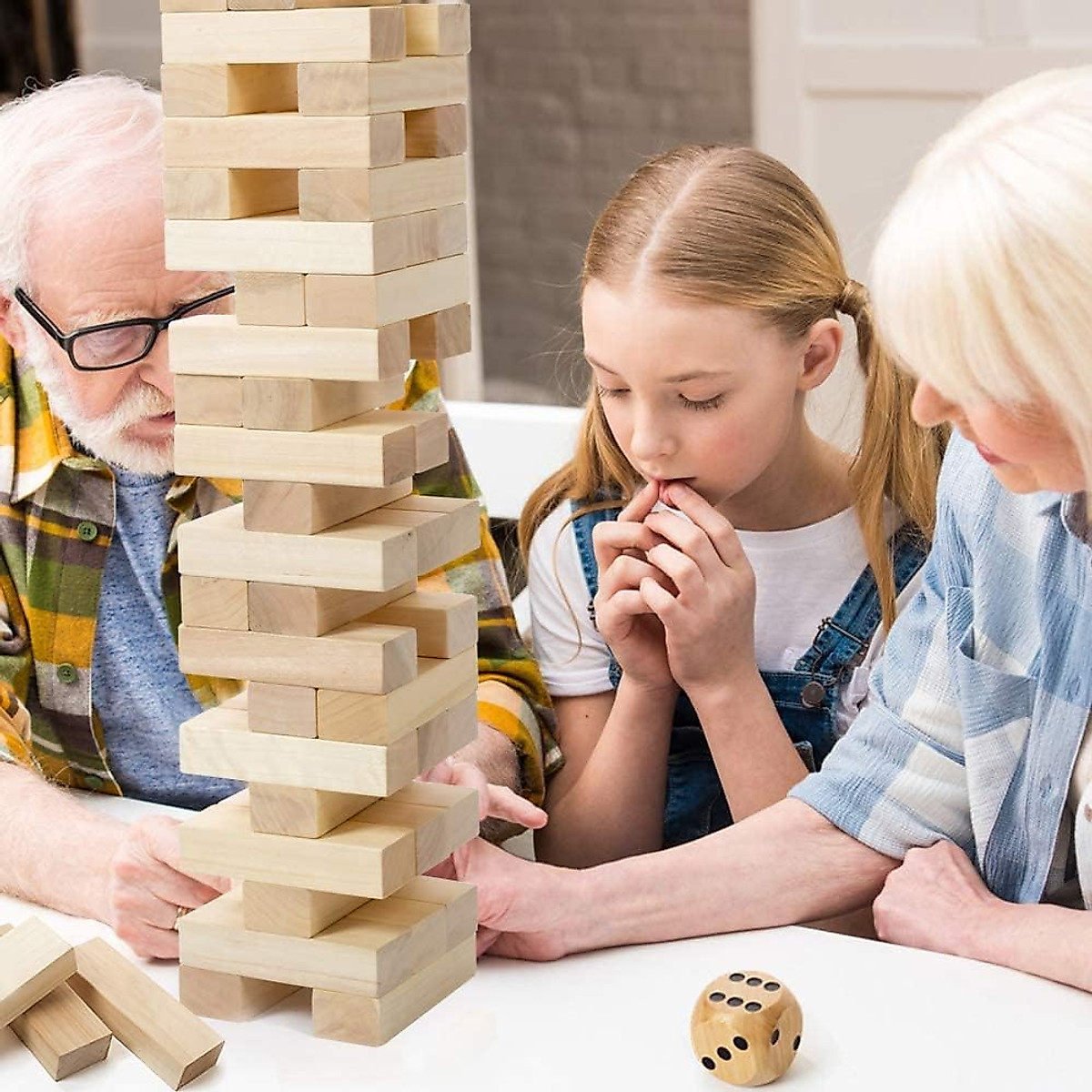 Gentle Monster Giant Tumble Tower with Dice & Game Board, 56 Pcs Large Size Wooden Stacking Game, Classic Outdoor Games for Adult Kids Family (Jumbo 56pc)