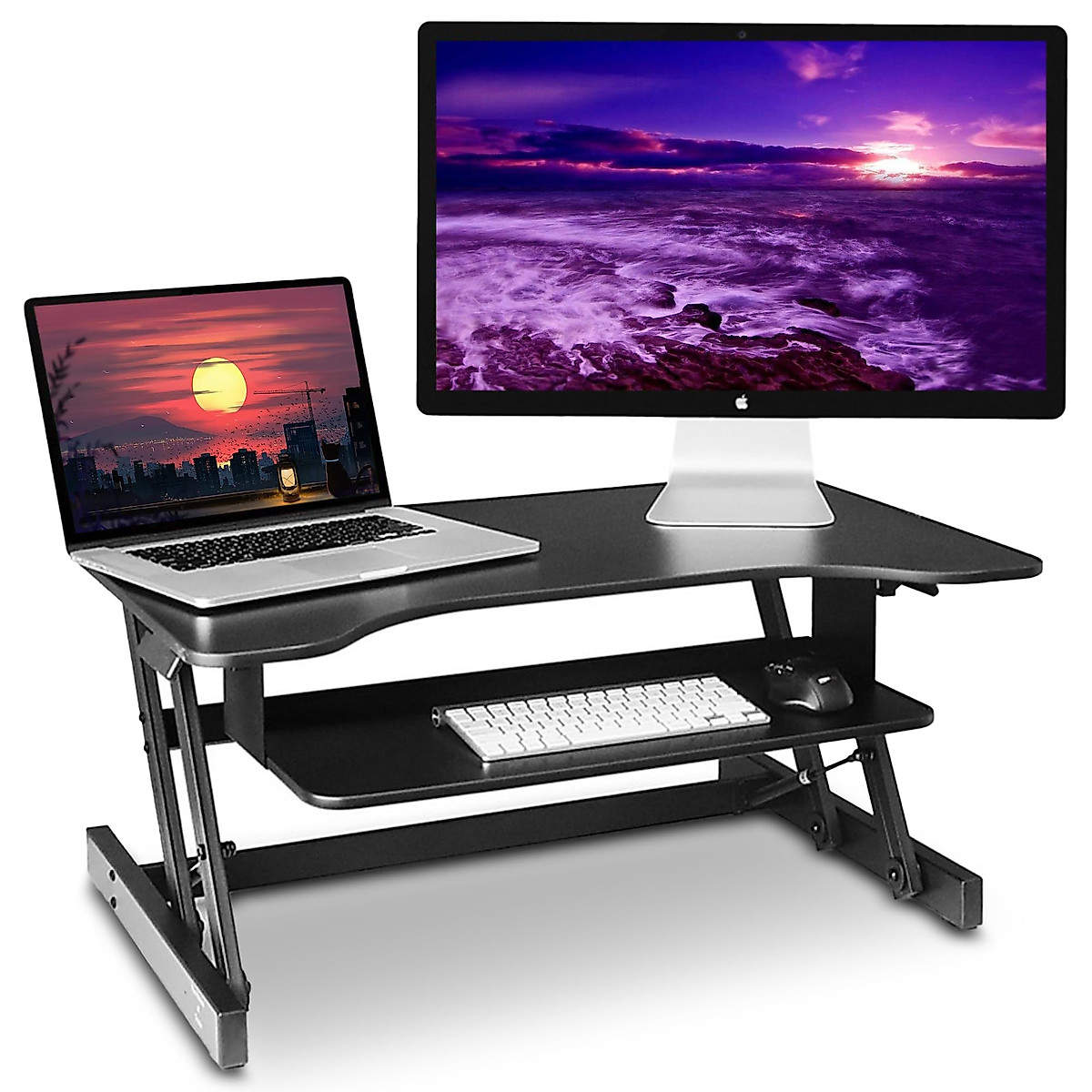 The House of Trade Standing Desk | Desk Riser Classic Stand Up Desk | 32 in Wide Fits 2 Monitors with Retractable Keyboard Tray (Black, 32" Wide)