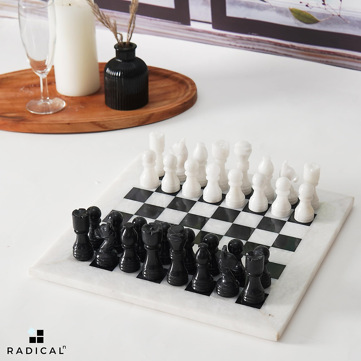 Radicaln Marble Chess Set 12 Inches White and Black Handmade Chess Sets for Games for Adults - 1 Chess Board & 32 Chess Pieces 2 Player Games - Travel Chess Board Game