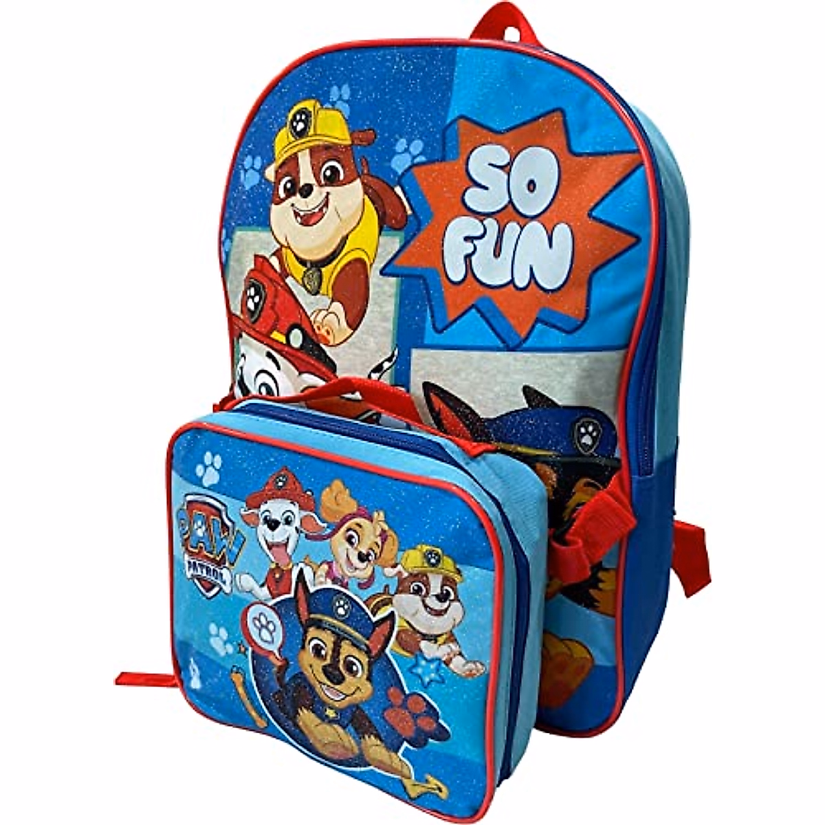 Fast Forward Paw Patrol So Fun 15 Inch Kids Backpack With Removable Lunch Box Set (Blue-Red)
