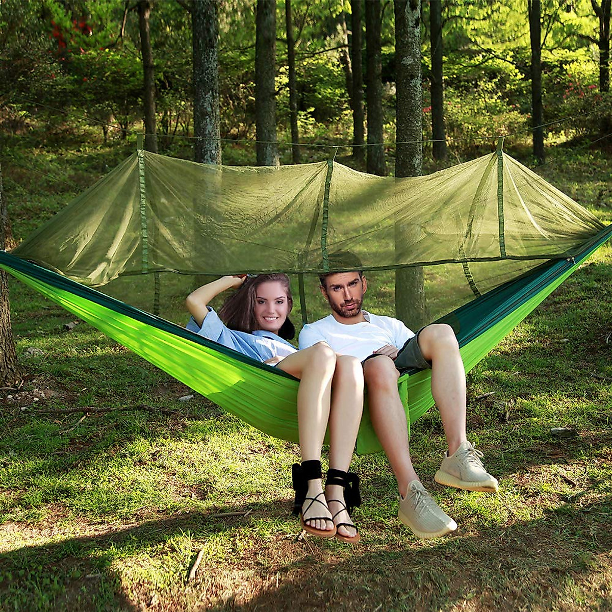 Camping Hammock with Mosquito Net & Rain Fly Tent Tarp & Tree Straps Portable Lightweight Double Nylon Hammock for Camping Hiking Travel Outdoor Backpacking