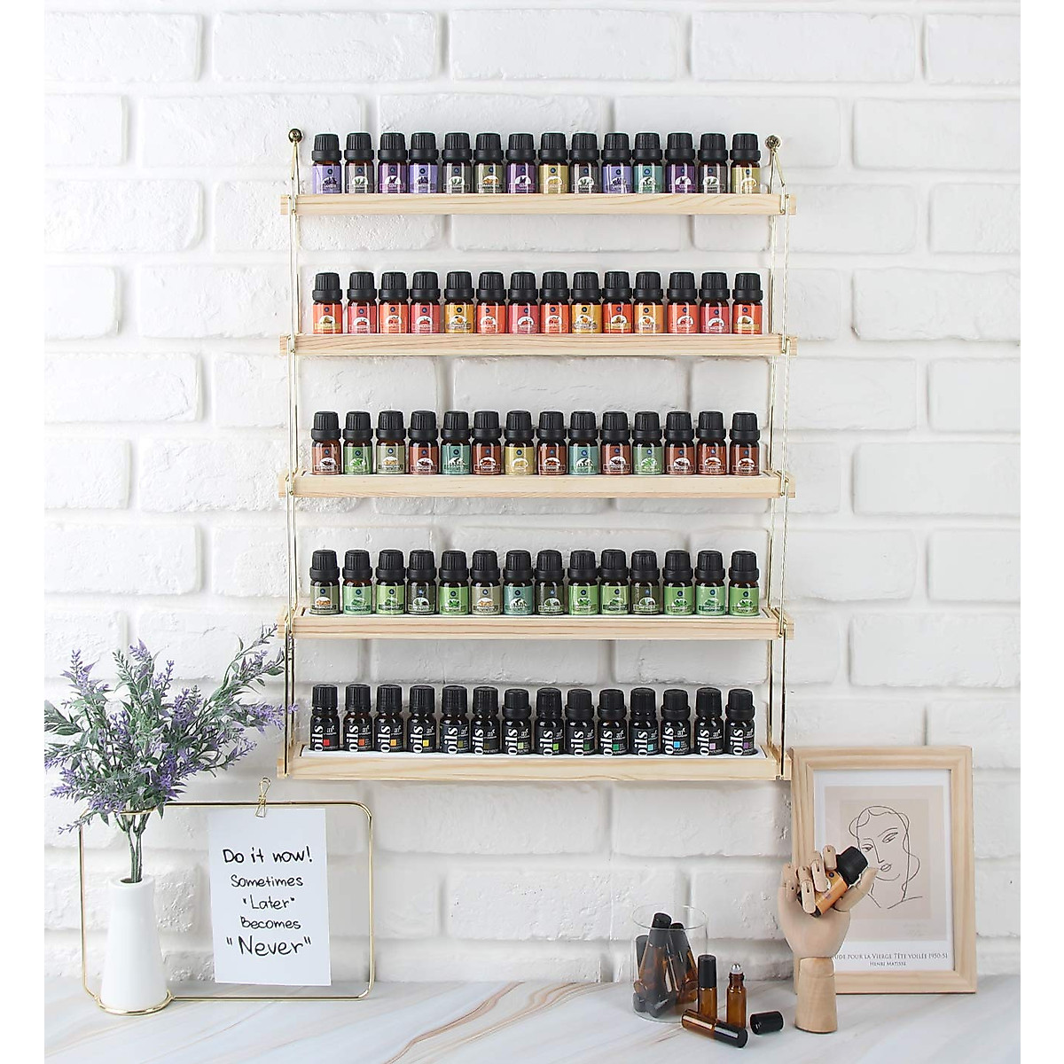 J JACKCUBE DESIGN Wall Mount Essential Oils Display Shelf with 5 Tier for 70 Bottles Holder Gold Frame and Wood Rack Organizer - MK482B