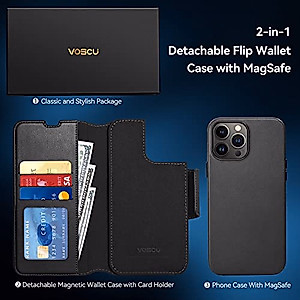 voscu Detachable Wallet Case for iPhone 14 Pro Max 6.7'' Compatible with MagSafe, Support Wireless Charger, Vegan Leather Flip Folio Magnetic Phone Case with Card Holders [RFID Blocking]-Black