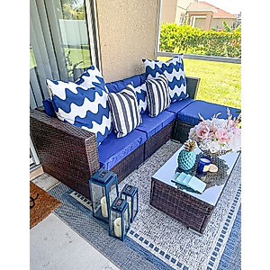 Blue Outdoor Candle Lantern - 15 Inch Tall, Solar Powered, Navy Metal with Glass, Waterproof Flameless Pillar Candles, Dusk to Dawn Timer, Flickering LED Lights, Rustic Farmhouse Patio Decor