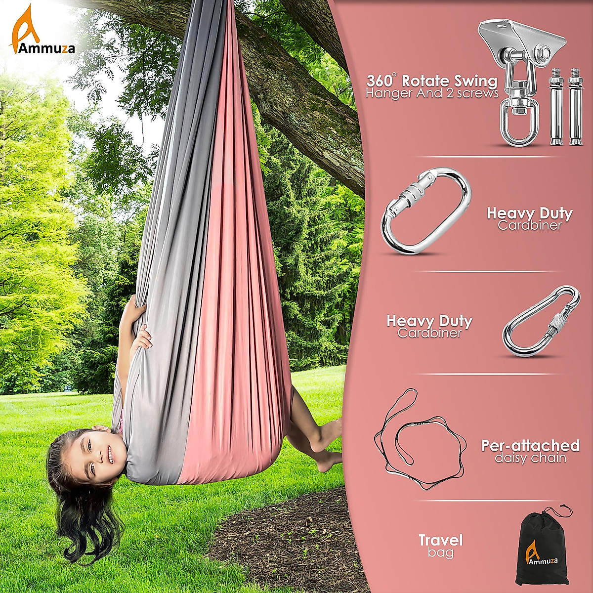 AMMUZA Indoor Sensory Swing For Kids & Adults 200lb - Therapy Swing For Autism, ADHD, Aspergers - Indoor Hammock Kids Swing, Calming Relaxing 360° Adjustable Sensory Toys Gifts (Pink & Grey)