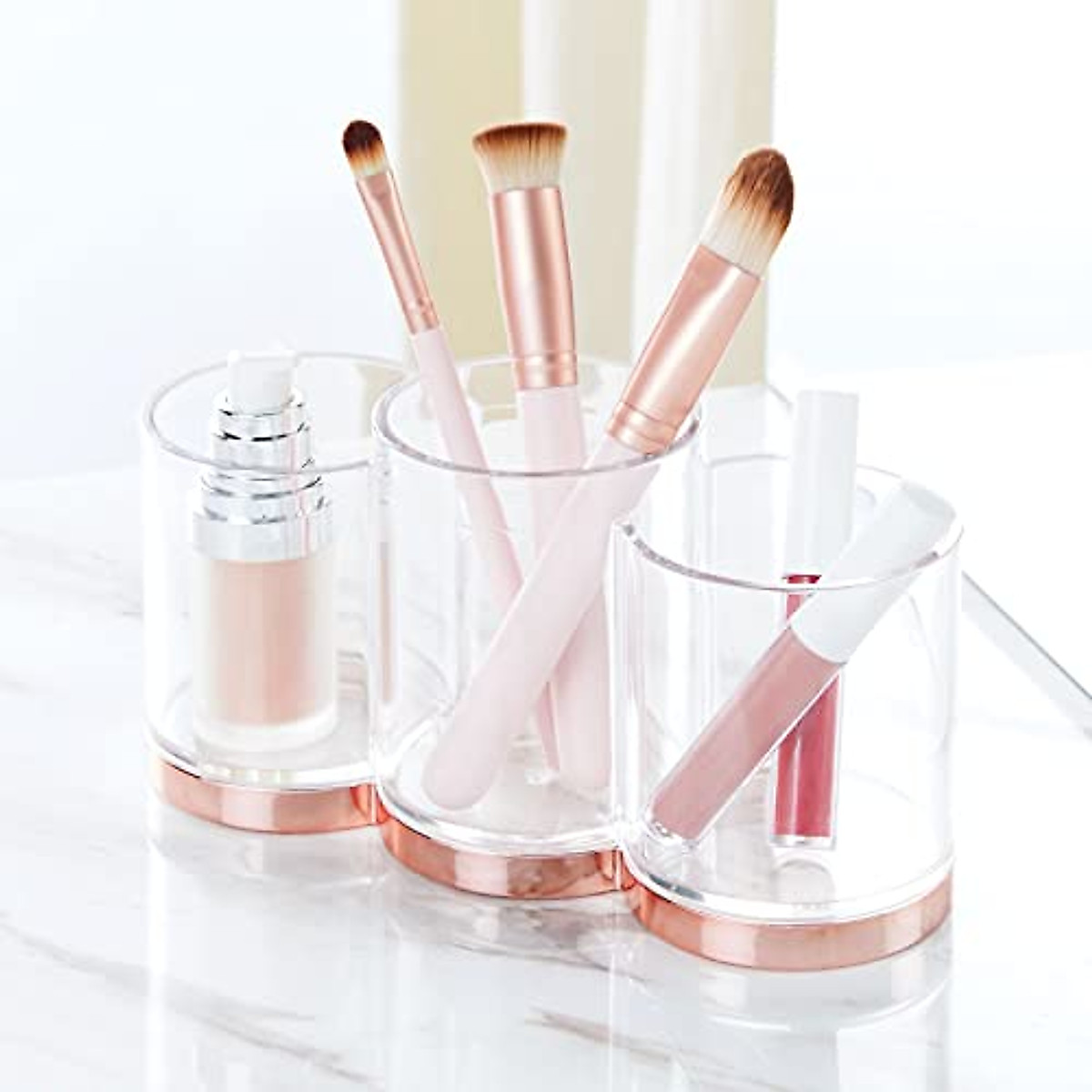 mDesign 3- Section Makeup Brush Organizer for Bathroom Vanity - Plastic Brush Holder for Makeup - Storage Cup for Eyeliner, Lipstick, Concealer - Cosmetic Holder, Lumiere Collection, Clear/Rose Gold