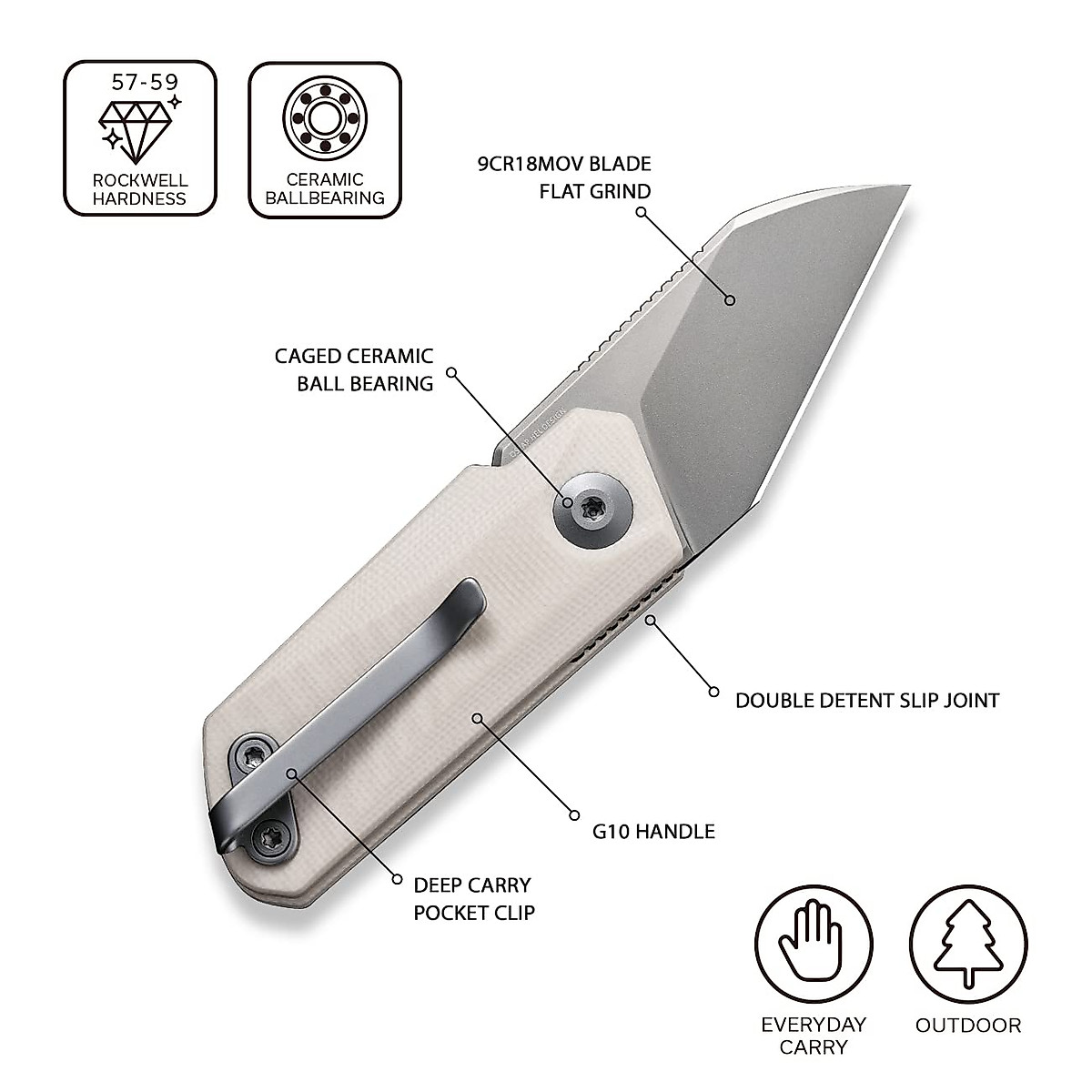 CIVIVI Ki-V Front Flipper Pocket Knife, Double Detent Slip Joint Small Folding Knife with Deep Carry Pocket Clip For Easy EDC C2108C (Ivory)