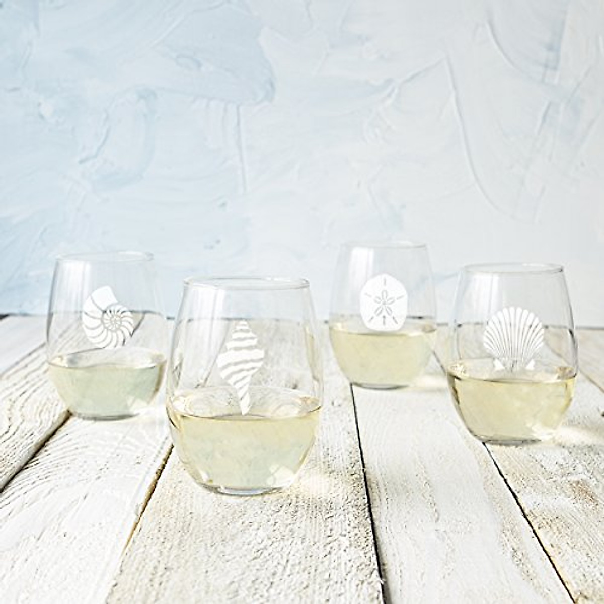 Cathy's Concepts SEA-1110 Seashell Stemless Wine Glasses – 4 Unique Designs, Holds Up to 21 oz., 4-Glass Set