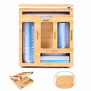 Ziplock Bag Storage Organizer for Kitchen Drawer, Bamboo Baggie Organizer,Wrap Dispenser with Slide Cutter & Labels, Compatible with Ziploc, Hefty for Gallon, Quart, Sandwich & Snack Variety Size Bags