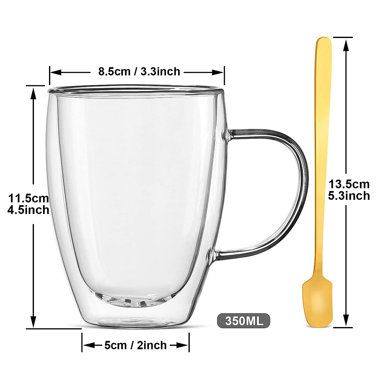 Set of 4 Cappuccino Glass Mugs,Double Wall Insulated Coffee Mugs,Clear Glass Mugs with Handle,Glass Coffee Cups,Perfect for Latte, Americano, Espresso,Cappuccinos,Tea, Beverage(350ml /11.84oz)