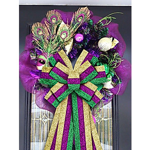 Hying Mardi Gras Ribbons for Wreath Bows, Glitter Gold Purple Green Wired Edge Ribbons Mardi Gras Stripes Craft Ribbons for Gift Wrapping Fat Tuesday Carnival Party Decoration Supplies, 2.5"×10 Yards