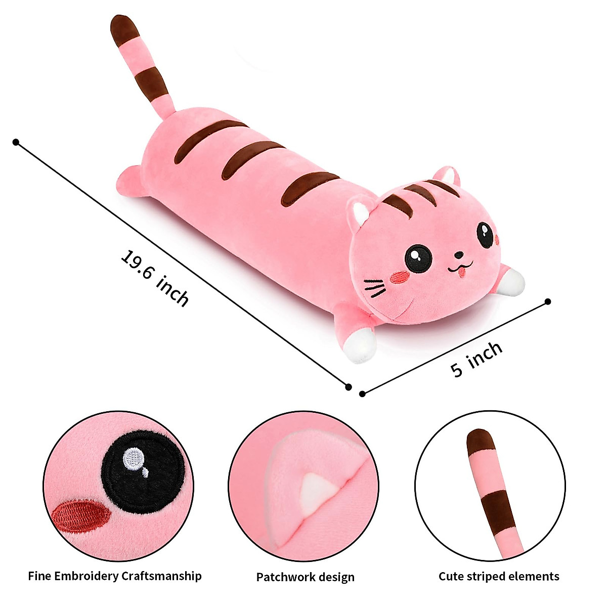 AFAN Long Cat Plush Cute Cat Body Pillows Kawaii Stuffed Animals Plushies Soft Cuddly Cotton Plush Toys Room Decor Gifts for Kids Girls Boys Adults (Pink, 19.6 Inch)