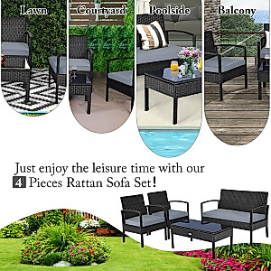 COSTWAY 4PCS Patio Rattan Furniture Set, Outdoor Wicker Conversation Set with Tempered Glass Coffee Table, Seat Cushions, Ideal for Poolside Balcony Porch Backyard