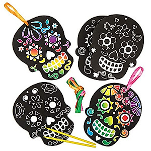 Baker Ross AG995 Day of The Dead Scratch Art Ornaments - Pack of 6, Perfect for Children to Design and Decorate, Ideal for Home Activities, Craft Group Tasks and School Work