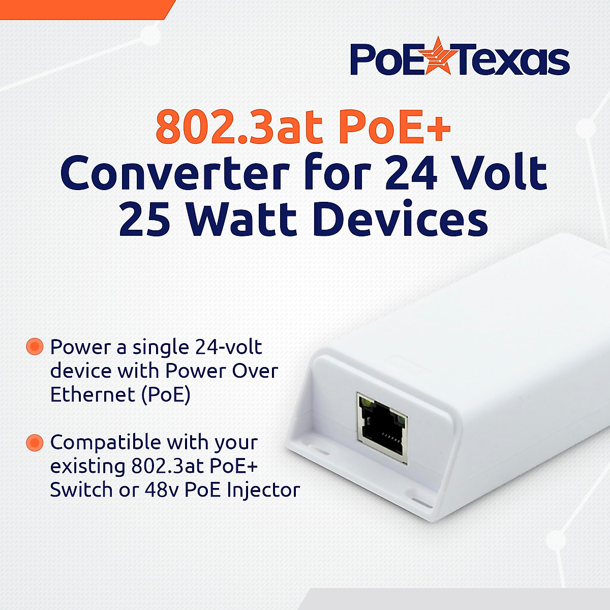 PoE Texas 48v to 24v PoE Converter - Inline PoE Splitter with 24 Volt 25 Watt PoE or DC - Converts IEEE 802.3at PoE+ to 24V Passive PoE or 24V DC Output with Gigabit Data for Ubiquiti and Mikrotik