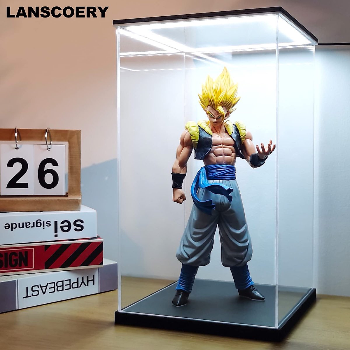 LANSCOERY Clear Acrylic Display Case with LED Light, Large Showcase and Display Box, Dustproof with UV Protection, Perfect for Figures Collectibles - 11.8x11.8x15.7inch