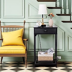 AMHANCIBLE Tall Night Stand, Nightstands Set of 2 with Charging Station, End Side Tables with Fabric Drawer and Shelf, Telephone Table for Living Room, Small Spaces, Black HETT03BK