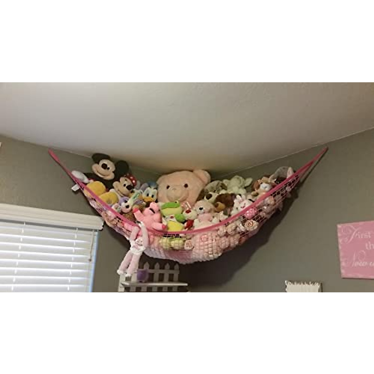 Toy Hammock, Huijukon Jumbo Corner Toy Hammock Toy Storage Net Hammock Collection Organizer for Stuffed Animals Squishmallows Cuddly Plush Soft Toys | Size: 86" x 60" x 60" (Pink)