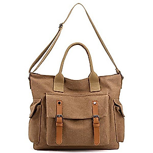 Women's Vintage Canvas Shoulder Tote Purse Satchel Large Crossbody School Bag Top Handle Handbag (Brown)