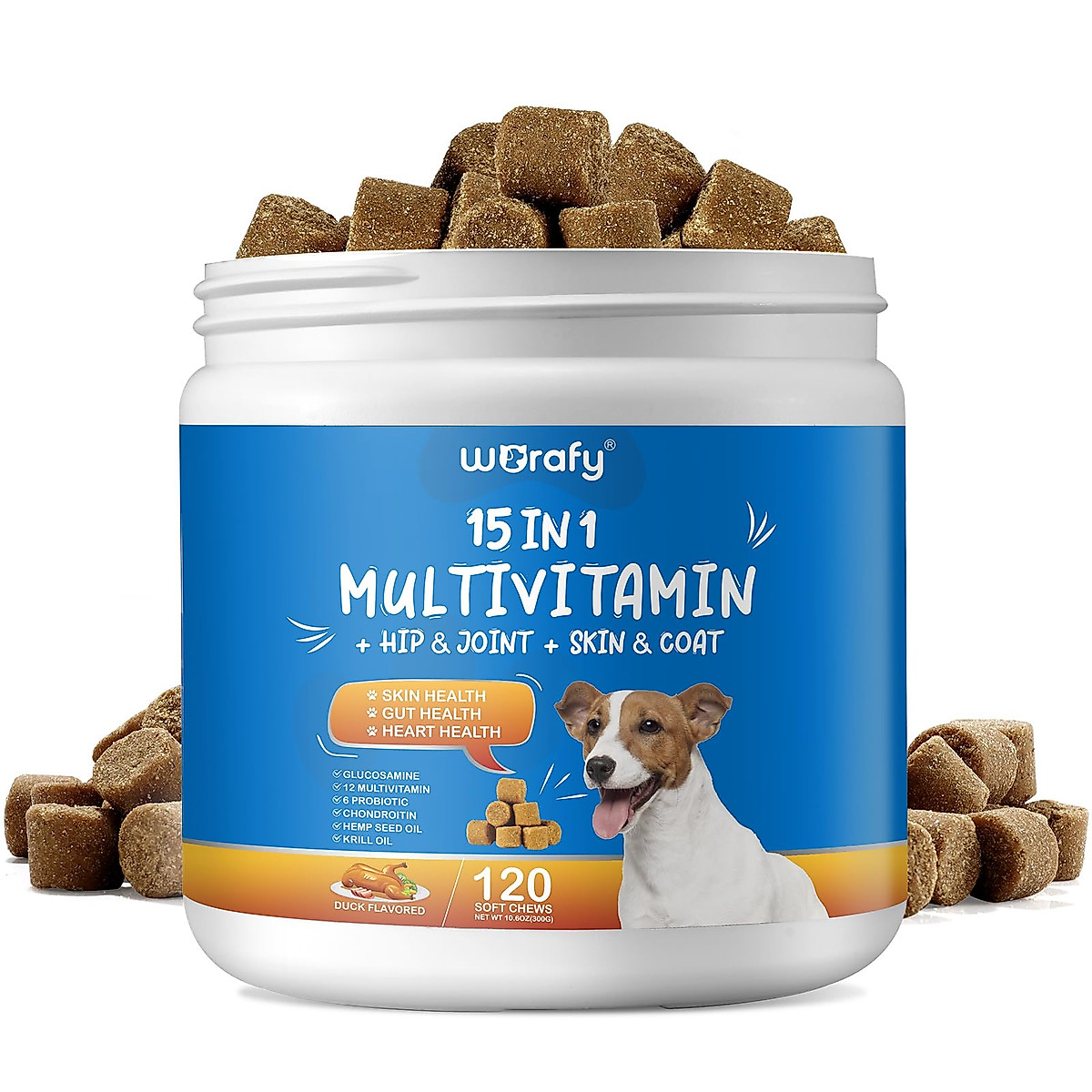 Dog Multivitamin Chewable with Glucosamine,15-in-1 Dog Multivitamin Supplements,Multivitamin for Dogs,Health Support - Dog Skin, Coat, Heart,for Dogs of All Ages and Breeds,120 Soft Chews Duck Flavor