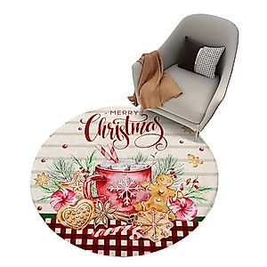 Christmas Fluffy Round Area Rug Carpets 5ft, Plush Shaggy Carpet Soft Circular Rugs, Non-Slip Fuzzy Accent Floor Mat for Living Room Bedroom Nursery Home Decor Farmhouse Country Buffalo Plaid Red