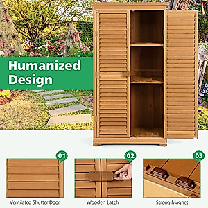 GOFLAME 63” Outdoor Storage Cabinet, Wooden Garden Storage Shed with 3 Removable Shelves, Waterproof Asphalt Roof, Adjustable Footpads, Latch, Outdoor Tall Vertical Tool Shed for Garden Porch Deck