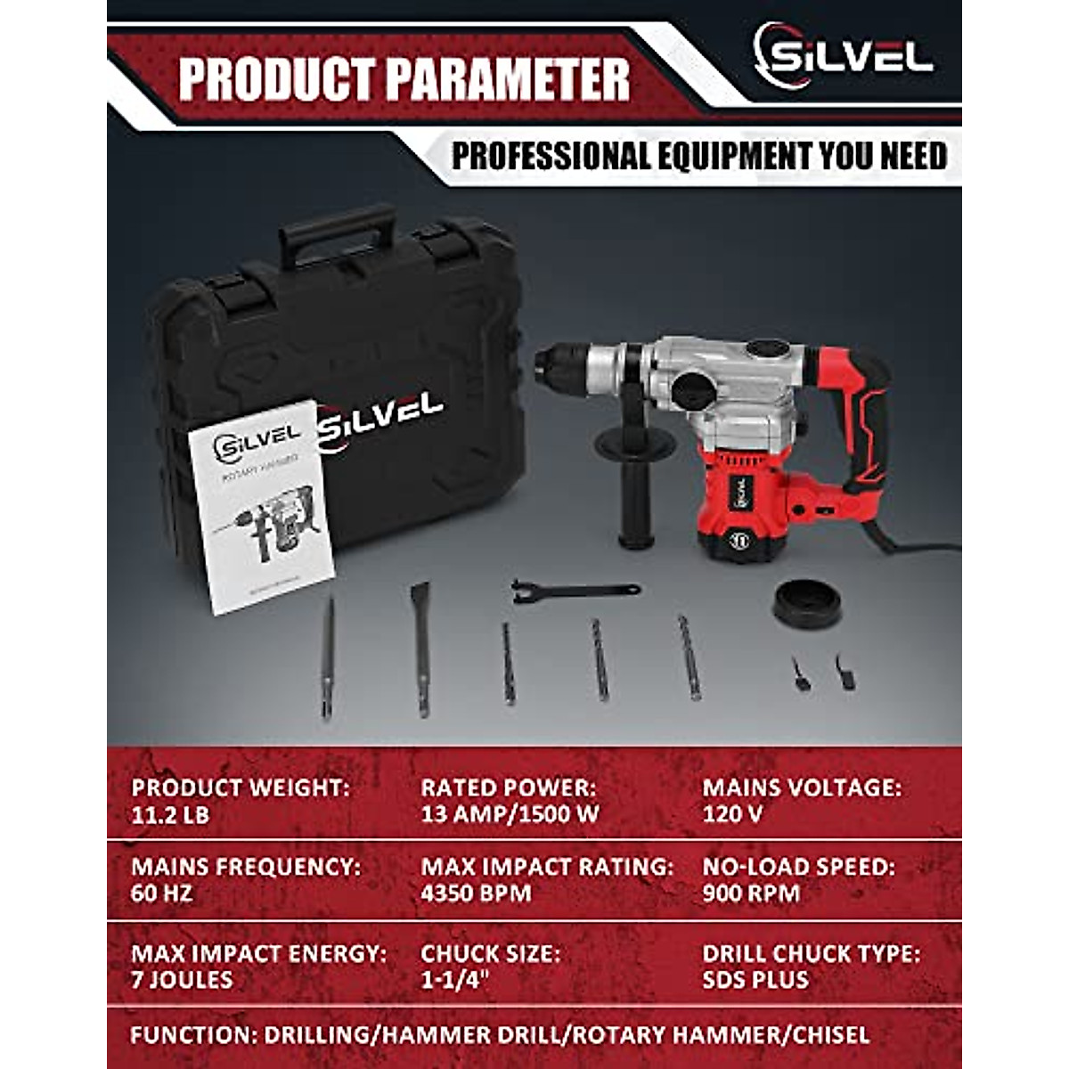 SILVEL 1-1/4 Inch SDS-Plus Hammer Drill, 13 Amp 1500W Rotary Hammer Drill, Heavy Duty Drill with 4 Functions, Demolition Hammer with 3 Drill Bits, Flat Chisels, Point Chisels