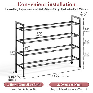 Bumusty 4-Tier Expandable Shoe Rack for Closet, 18“-33” Adjustable Shoe Rack for Small Space, Small Shoe Organizer for Front Door, Sturdy Metal, Gray