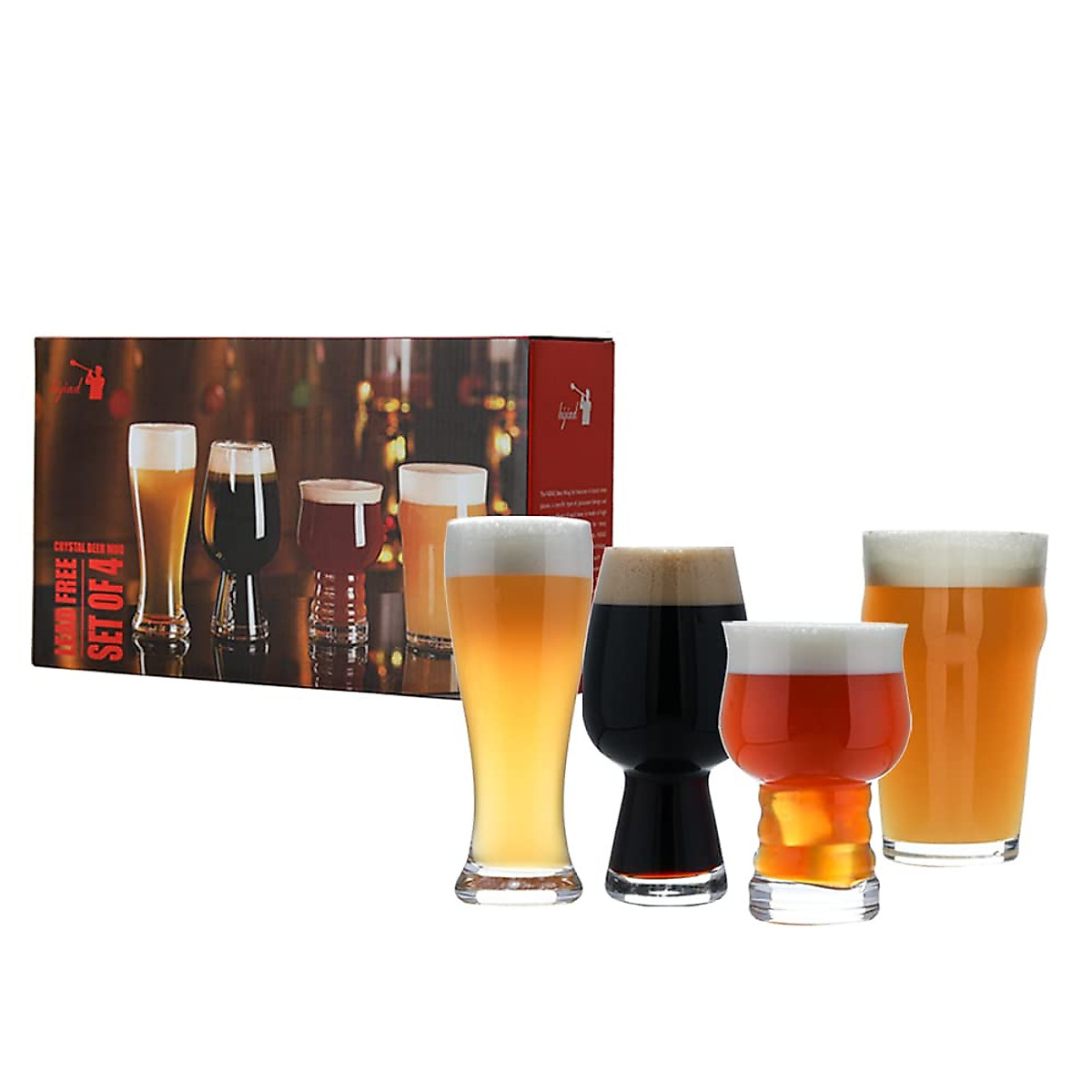 HIJIAD,Beer Tasting Glass Set - Includes 4 glass cups for IPA, beer, wheat beer, and dark beer, suitable for home and bar use.
