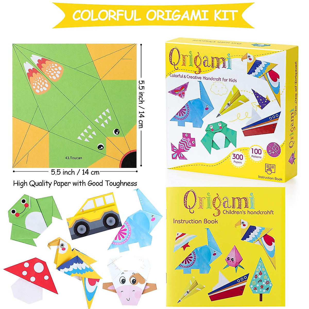 Origami Paper for Kids, 300 Sheets Colorful Origami Paper Kit 5.5Inch, 100 Origami Projects & Easy Origami Book Origami Kit for Kids, Creativity Training & Brain Development Origami Set for Kids