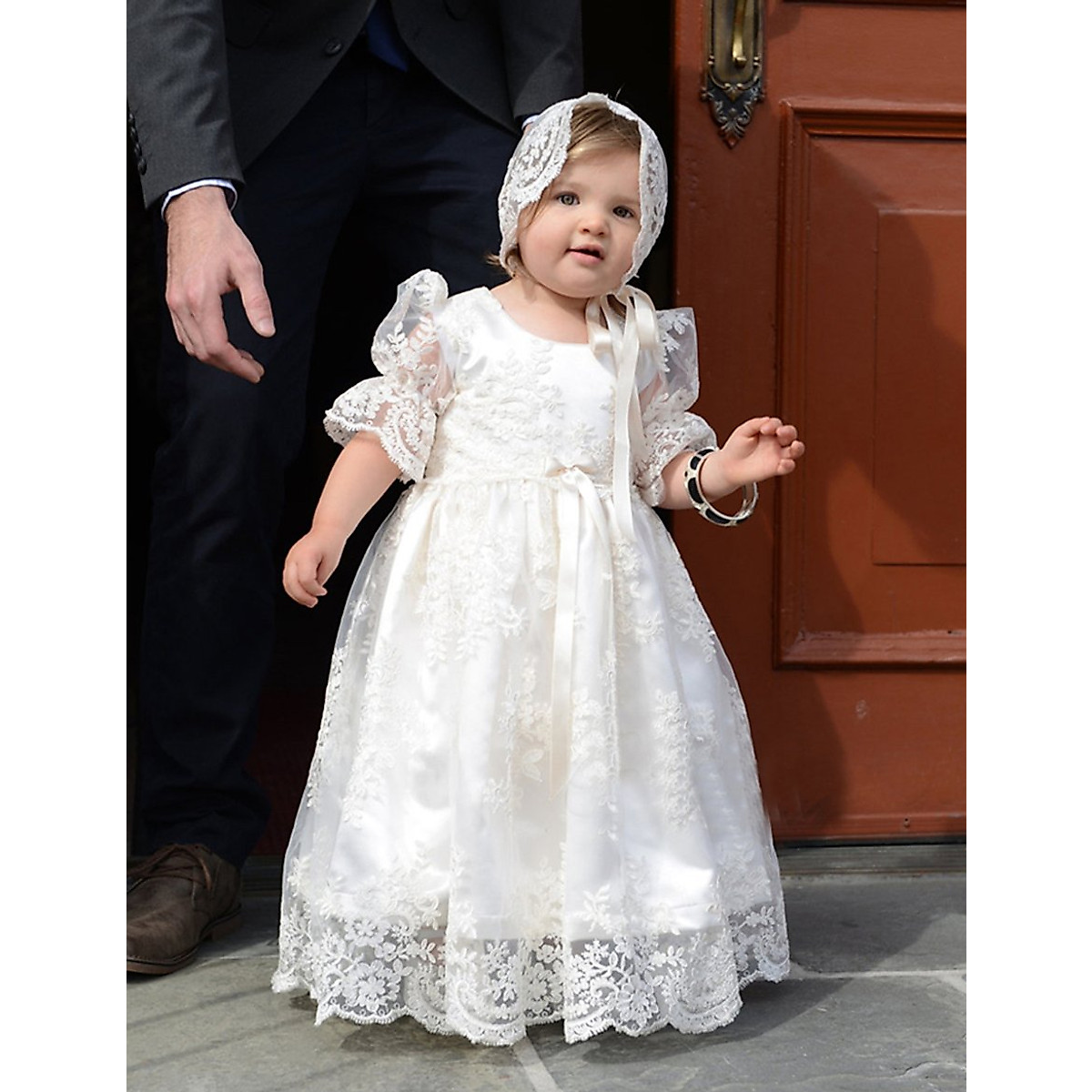 Aorme Long White Lace Bonnet Christening Gowns for Girls with Buttons Half Sleeves
