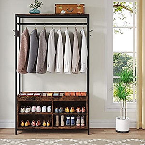 Tribesigns Freestanding Closet Organizer, Wooden Garment Rack for Hanging Clothes, Heavy Duty Wardrobe Rack with Storage, Industrial Clothing Racks with 6-Grid Organizer Box,Rustic Brown