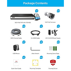 ZOSI 4K 16CH PoE Security Camera System, 16CH 4K NVR with 4TB HDD for 24/7 Recording, 14 X Wired 5MP (3K) PoE IP Cameras Outdoor Indoor, Spotlights, 2-Way Talk, Human Detection, Sound & Light Alarm