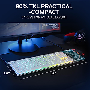 Redragon K621 Horus TKL Wireless RGB Mechanical Keyboard, 5.0 BT/2.4 Ghz/Wired Three Modes 80% Ultra-Thin Low Profile BT Keyboard w/Dedicated Media Control & Tactile Brown Switches, White