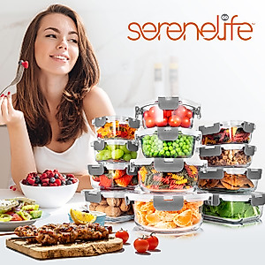 SereneLife 24-Piece Food Glass Storage Containers - Superior Glass Food Storage Set, Stackable Design with Newly Innovated Hinged Locking lids, 11 To 35 Oz. Capacity, Gray - SLGL24GY