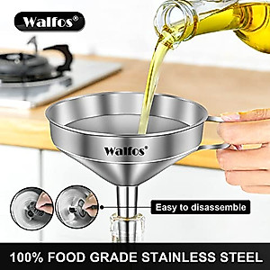 Walfos 3Pcs Kitchen Funnel with 2 Removable Strainer ＆ 1 Cleaning Brush & 1Pc 200 Mesh Food Filter Strainer, Food Grade Stainless Steel Funnel for Transferring of Liquid, Oils, Jam, Dry Ingredients