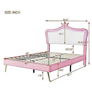 Linique Queen Size Upholstered Bed Frame with LED Lights, Modern Upholstered Princess Bed with Crown Headboard, White+Pink